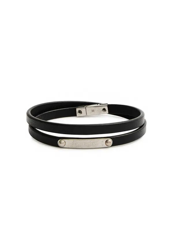 Saint Laurent Logo Leather Double-wrap Bracelet - Black
