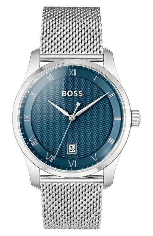 BOSS Principle Mesh Strap Watch - Silver/ Galvanic Blue