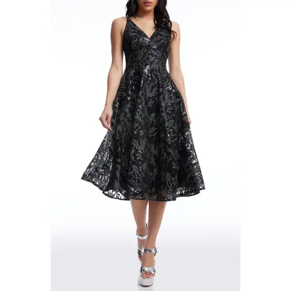 slim fit dress slacks Dress The Population Elisa Embroidered Midi Dress main image 0