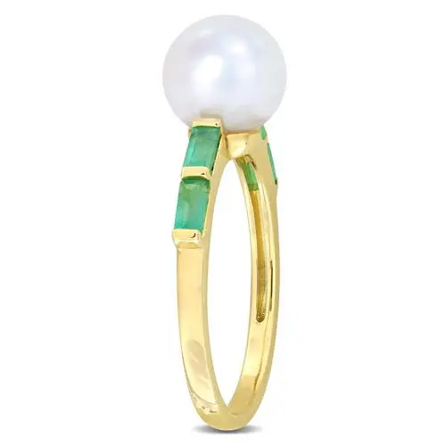 JULIANNA B. Cultured Pearl & Gemstone Stacked 10k Gold Ring - Emerald/yellow Gold