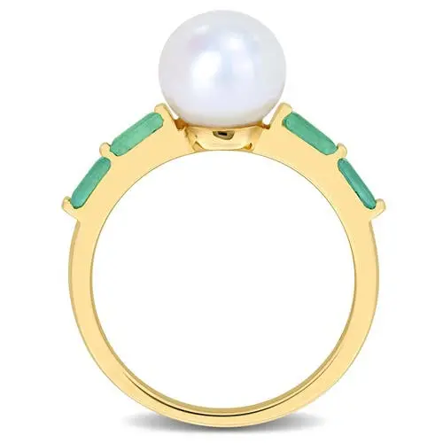 JULIANNA B. Cultured Pearl & Gemstone Stacked 10k Gold Ring - Emerald/yellow Gold