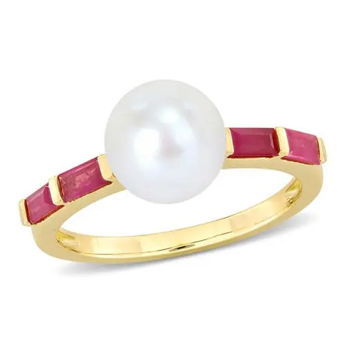 JULIANNA B. Cultured Pearl & Gemstone Stacked 10k Gold Ring - Ruby/yellow Gold