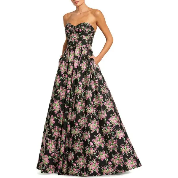 Mac Duggal Strapless Sweetheart Brocade Floral A Line Gown - Black Multi