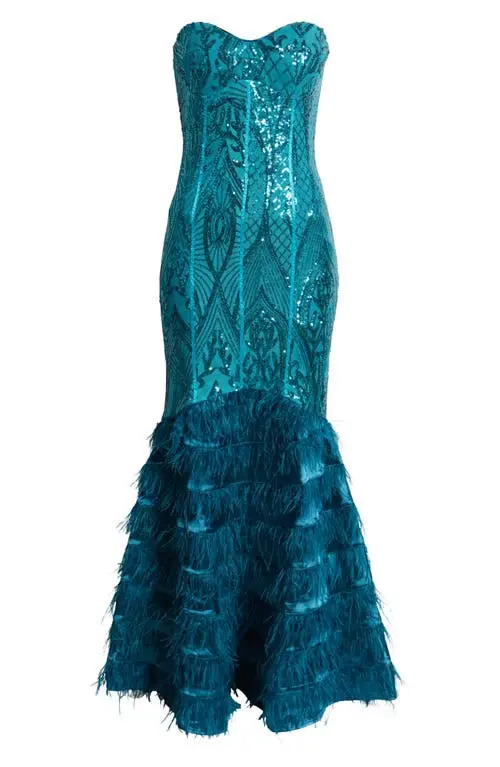 Bebe Sequin Feather Trim Gown - Teal | Editorialist