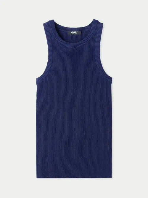 Gobi Cashmere Ribbed Cotton Silk Blend Tank Top - Navy