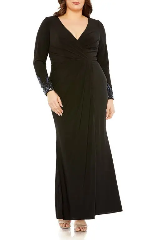 Mac Duggal Long Sleeve V-neck Gown - Black
