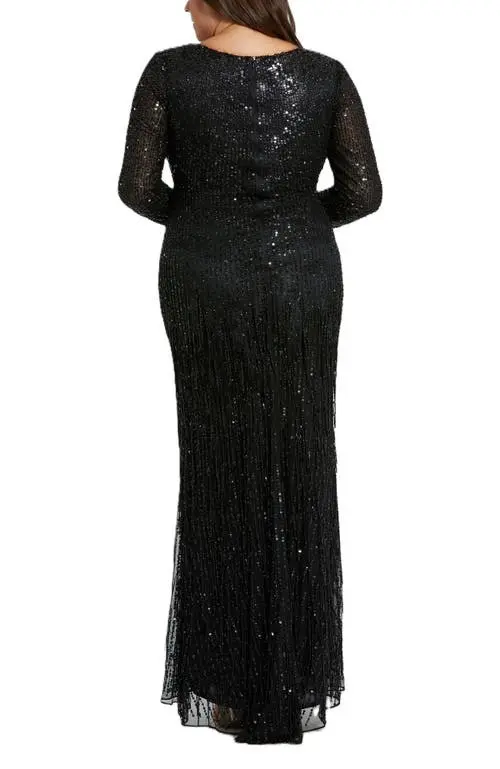 Mac Duggal Long Sleeve Beaded Fringe Gown