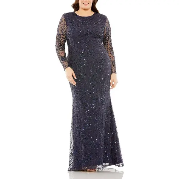 Mac Duggal Long Sleeve Embellished Gown - Midnight