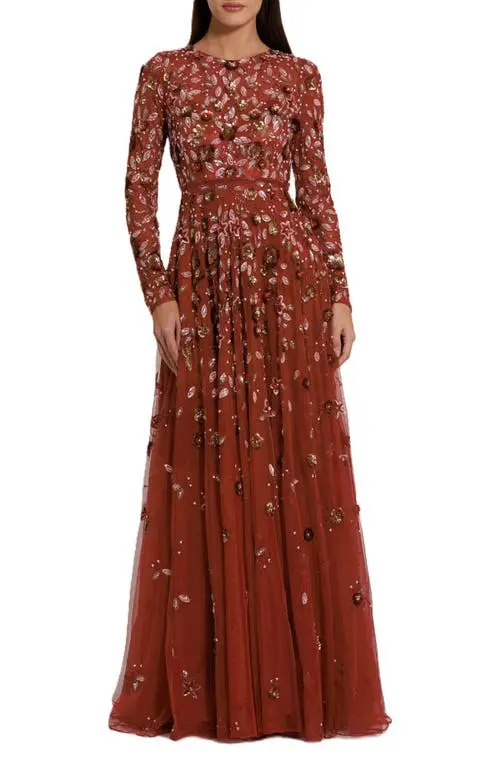 Mac Duggal Embellished High Neck Long Sleeve A-line Gown - Cinnamon