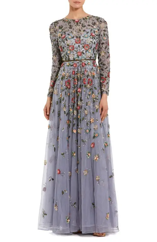 Mac Duggal Embellished High Neck Long Sleeve A-line Gown - Grey Multi