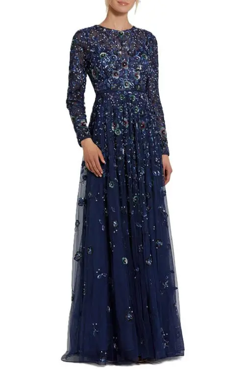 Mac Duggal Embellished High Neck Long Sleeve A-line Gown - Navy