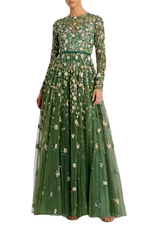 Mac Duggal Embellished High Neck Long Sleeve A-line Gown - Sage