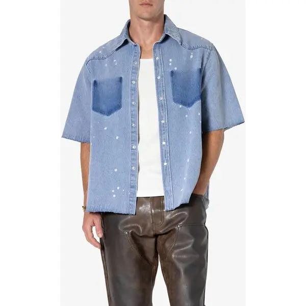 Mnml Oversize Short Sleeve Washed Denim Snap-up Western Shirt - Blue