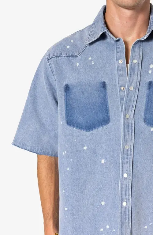Mnml Oversize Short Sleeve Washed Denim Snap-up Western Shirt