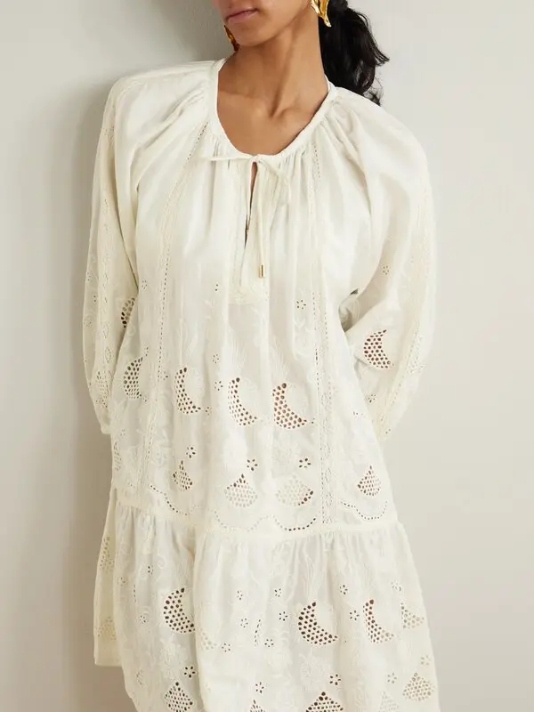 Melissa Odabash Pearl Crochet-Trimmed Embroidered Cotton-Voile Mini Dress  In Ivory - 40% Off | Editorialist