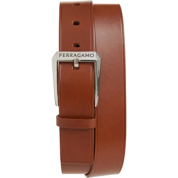 FERRAGAMO Fisse Calfskin Leather Belt - New Cognac