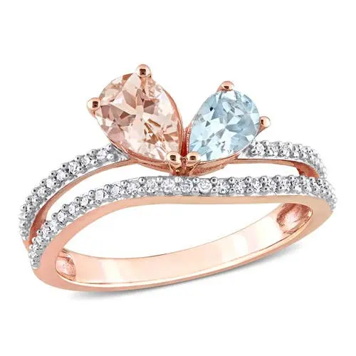 JULIANNA B. 10k Two-stone Ring With Morganite, Aquamarine And Diamond - Rose Gold