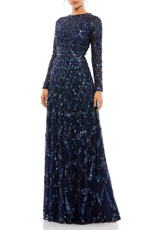 Mac Duggal Embellished High Neck A-line Gown - Midnight