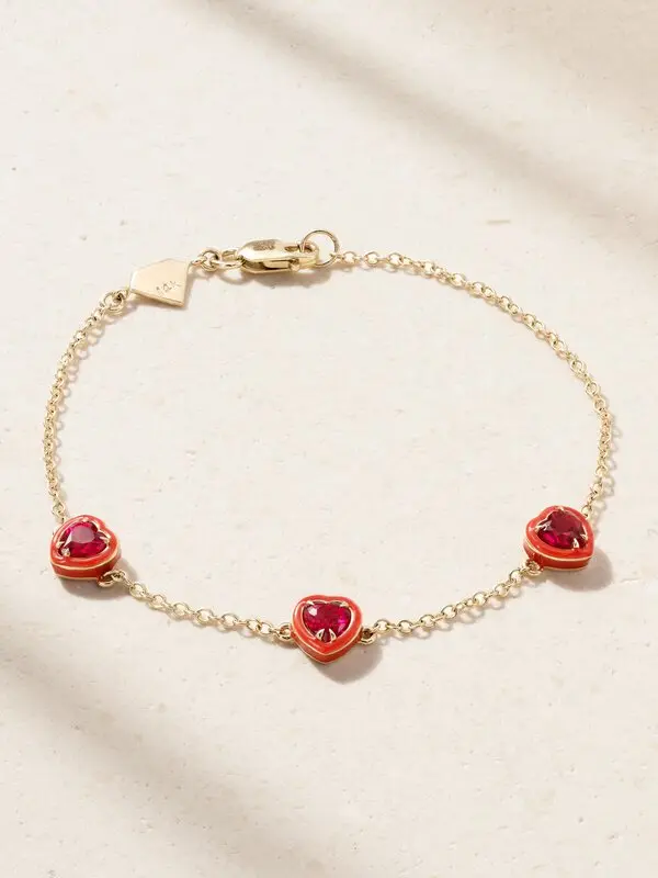 Alison Lou Heart The Yard 14-karat Gold, Ruby And Enamel Bracelet - Red