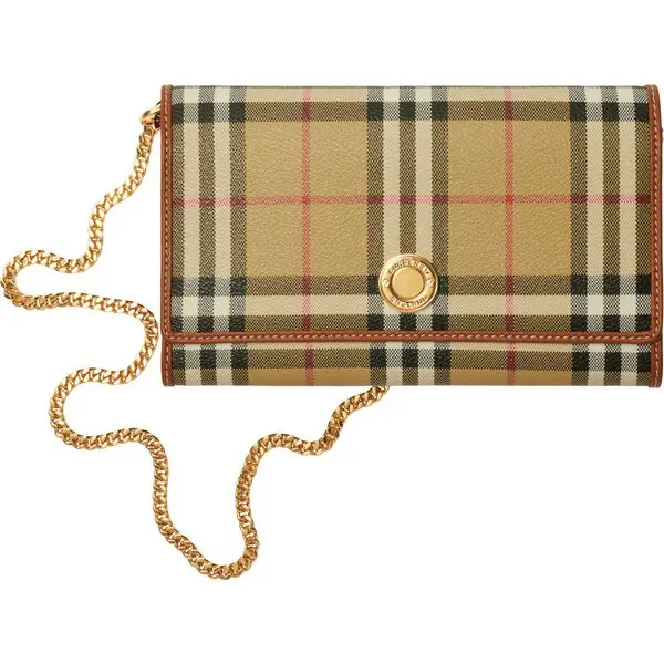 Burberry Hannah Check Coated Canvas Wallet On A Chain - Vntg Chk/briar Brown