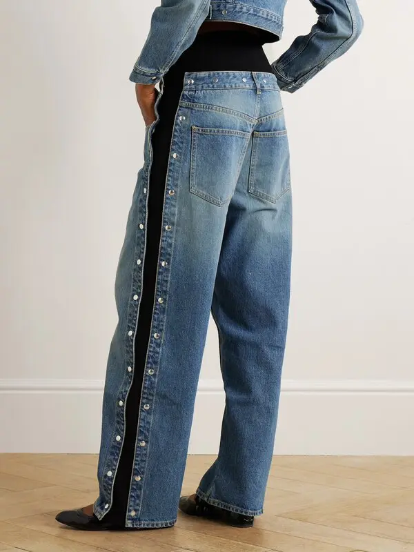 Alaïa Studded Jersey-trimmed High-rise Wide-leg Jeans