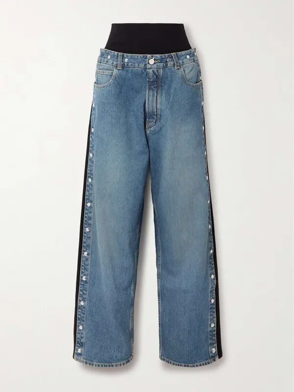 Alaïa Studded Jersey-trimmed High-rise Wide-leg Jeans