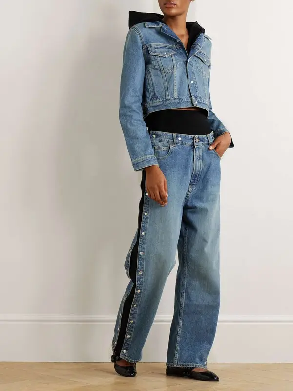 Alaïa Studded Jersey-trimmed High-rise Wide-leg Jeans
