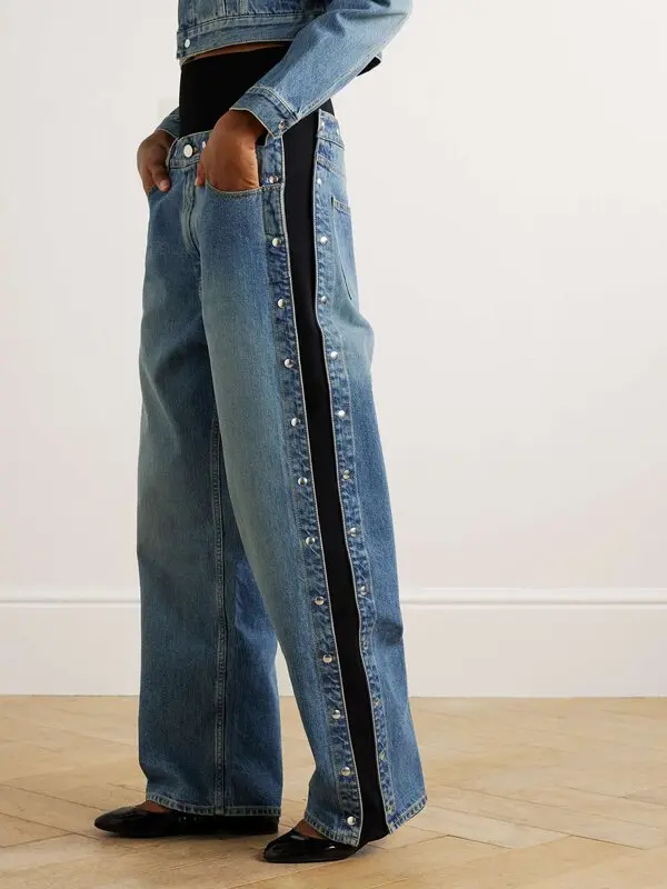 Alaïa Studded Jersey-trimmed High-rise Wide-leg Jeans