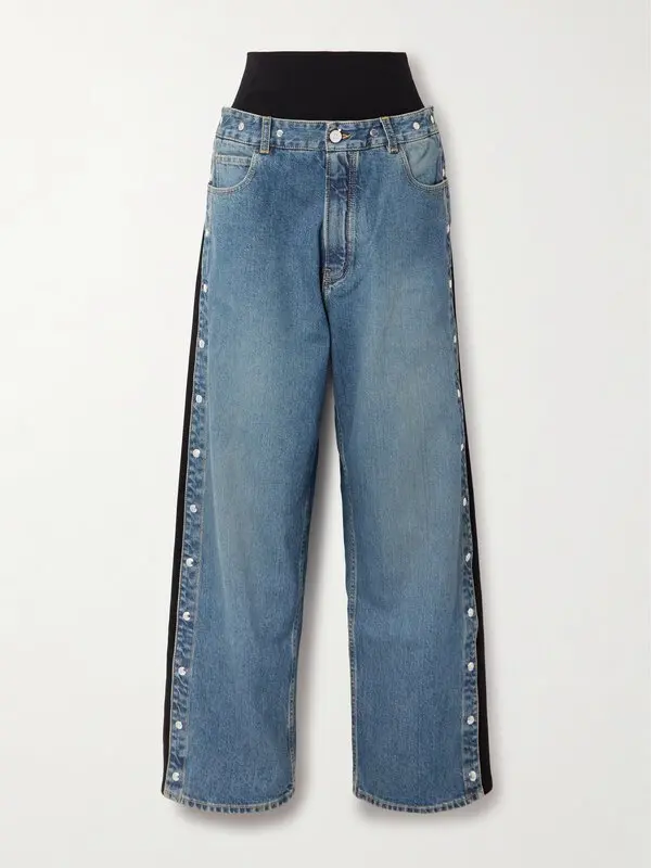 Alaïa Studded Jersey-trimmed High-rise Wide-leg Jeans - Blue