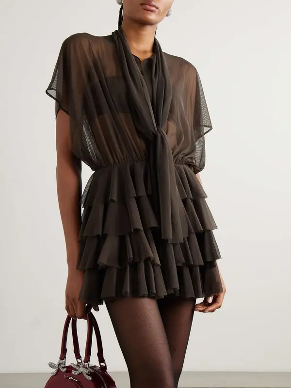 brown mesh bodycon dress Black Velvet and Brown Mesh Ruched Maxi Dress Black & Brown / 8