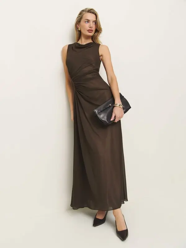 brown dress reformation MINI YAUSI-Fitted, mini dress with asymmetric shoulders and flared bottom –  paloma wool