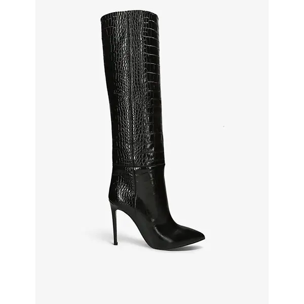 Paris Texas Pointed-toe Croc-embossed Leather Knee-high Boots - Black