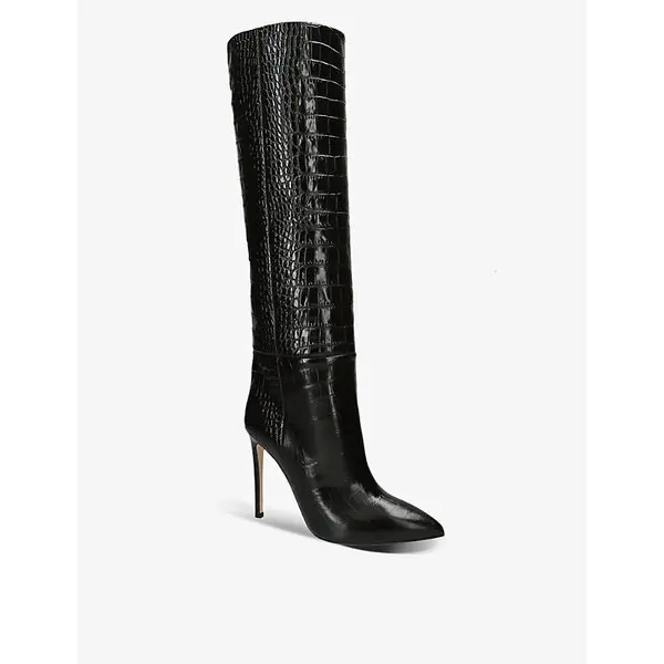 Paris Texas Pointed-toe Croc-embossed Leather Knee-high Boots - Black