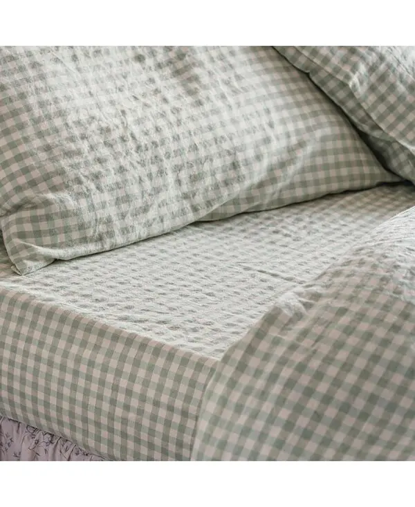 PIGLET IN BED Gingham Linen Blend Fitted Sheet - Sage Green