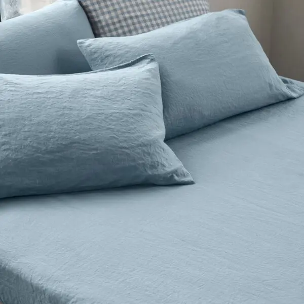 PIGLET IN BED Plain Linen Fitted Sheet, Twin - Dusk Blue