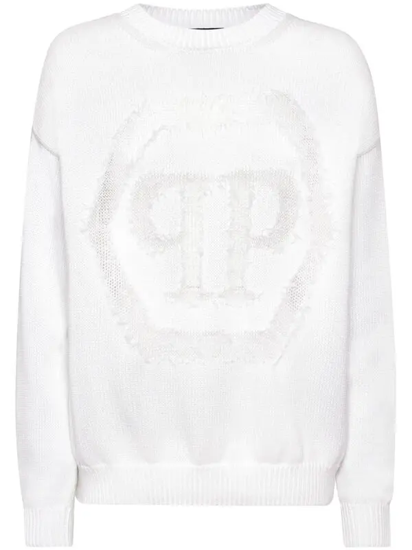 Philipp Plein Devoré-logo Crew-neck Sweater - White