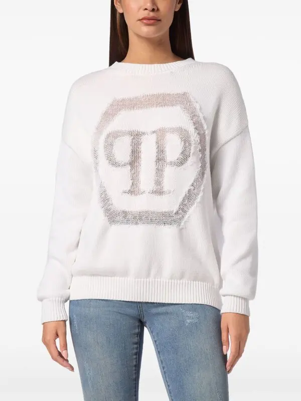 Philipp Plein Devoré-logo Crew-neck Sweater - White