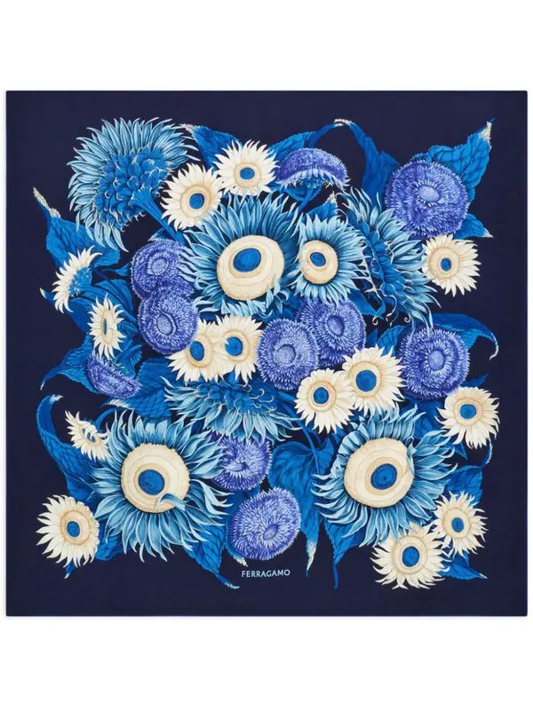 FERRAGAMO Sunflower Print Silk Scarf - Blue
