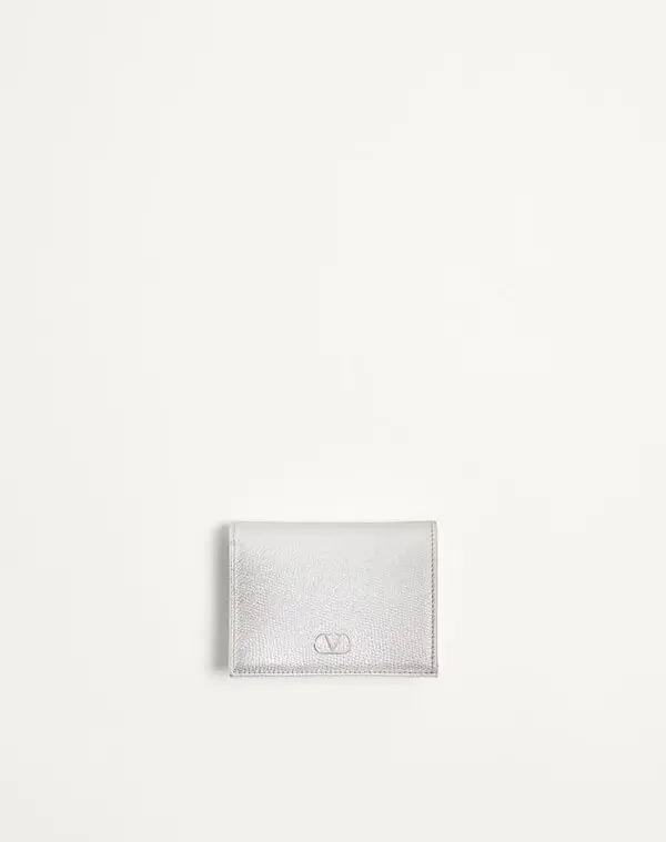 Valentino Garavani Vlogo Signature Laminated Grainy Calfskin Wallet - Silver