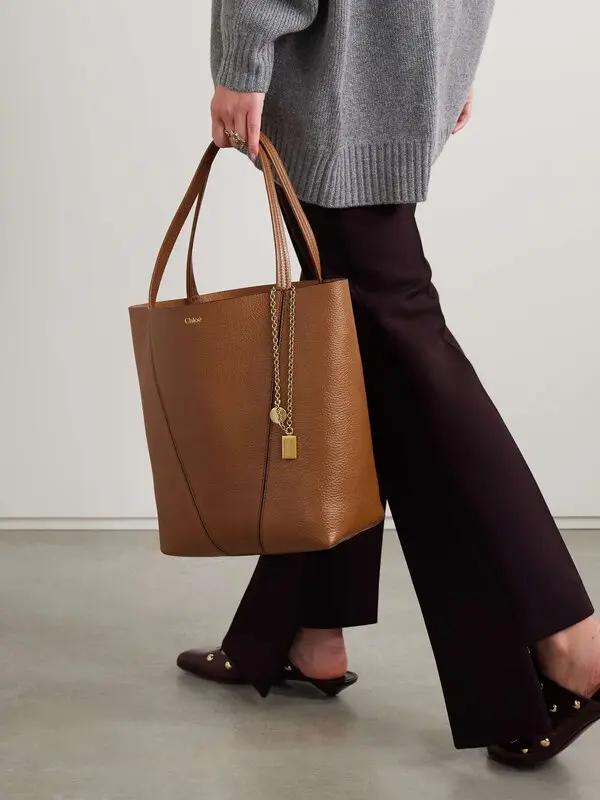Chloé Spin Embellished Textured-leather Tote - Brown