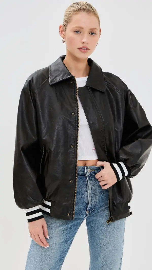 Lioness Faux Leather Bomber Jacket - Onyx