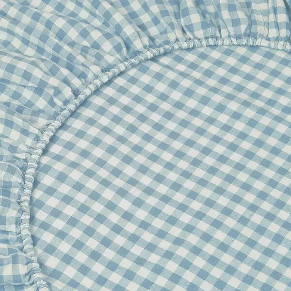 PIGLET IN BED Gingham Linen Fitted Sheet - Warm Blue Gingham
