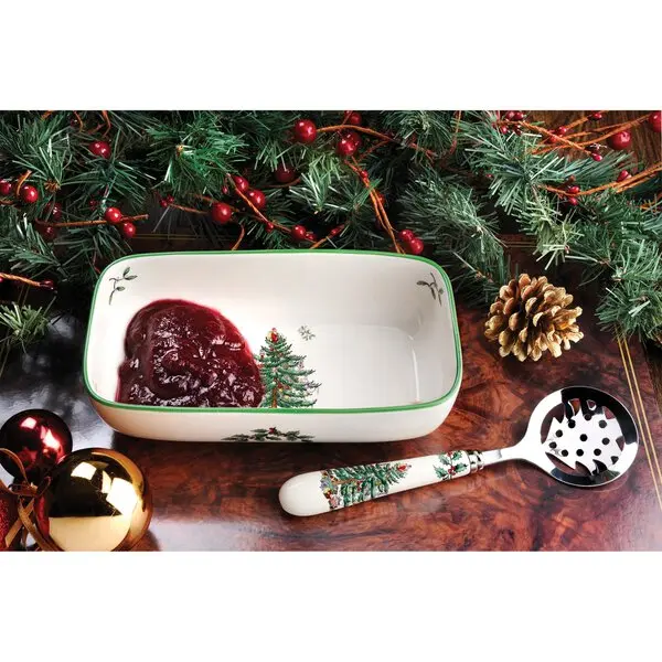 SPODE Christmas Tree Cranberry Server With Slotted Spoon