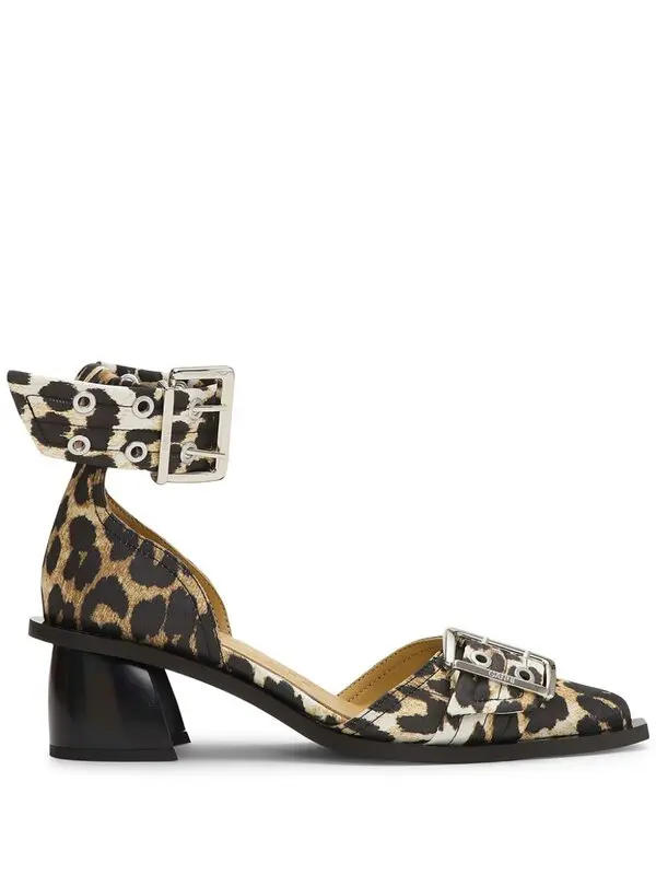 GANNI Leopard-print Buckle Strap Heeled Pumps - Brown
