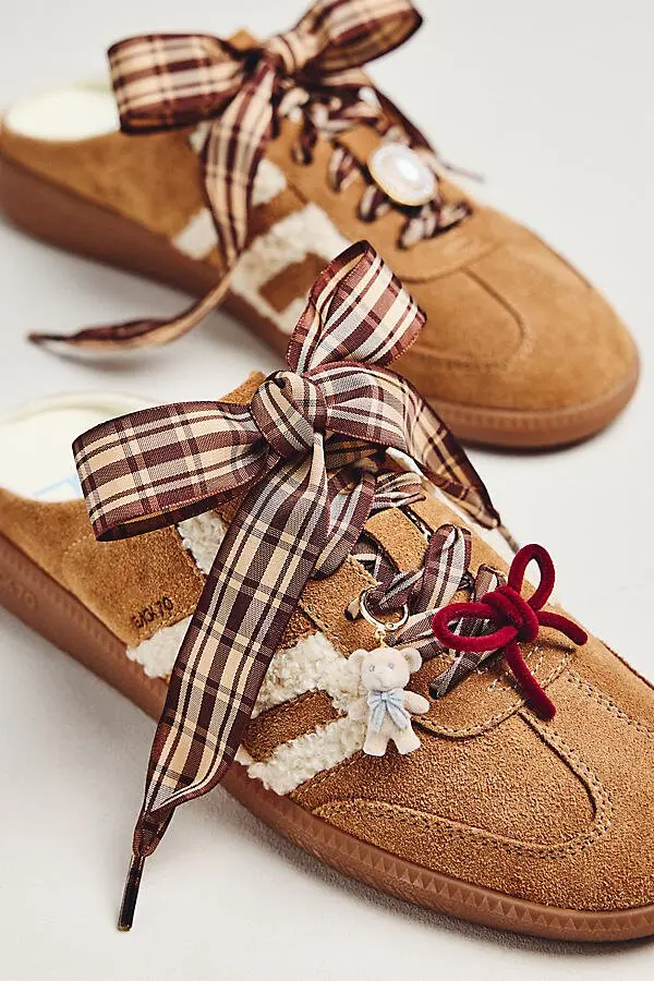 Anthropologie Shoe Charm And Laces Set - Brown Plaid/teddy Bear