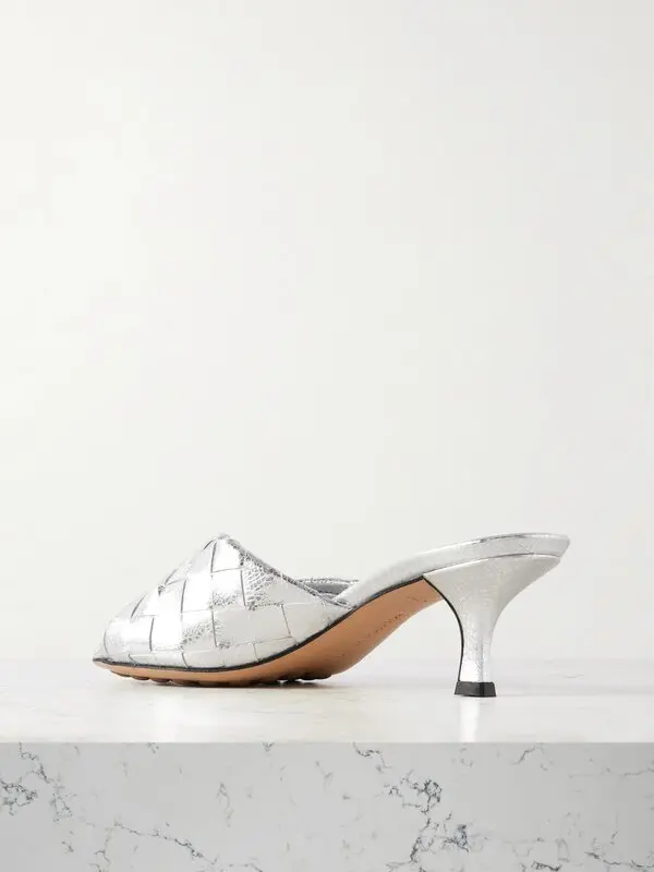 Bottega Veneta Blink Twisted Intrecciato Metallic Leather Mules - Silver