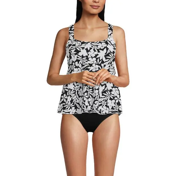 LANDS' END D-cup Flutter Scoop Neck Tankini Top - Black Havana Floral
