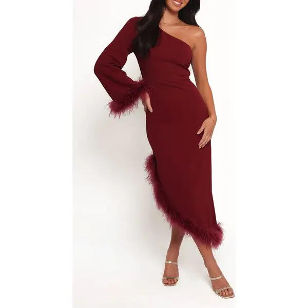 PETAL & PUP Dame Feather Trim Midi Dress - Deep Wine