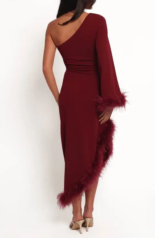 PETAL & PUP Dame Feather Trim Midi Dress - Deep Wine