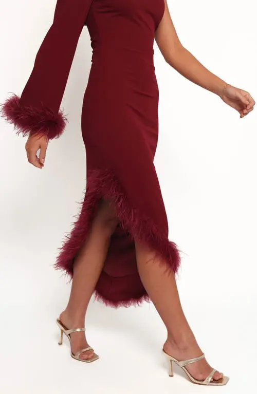 PETAL & PUP Dame Feather Trim Midi Dress - Deep Wine
